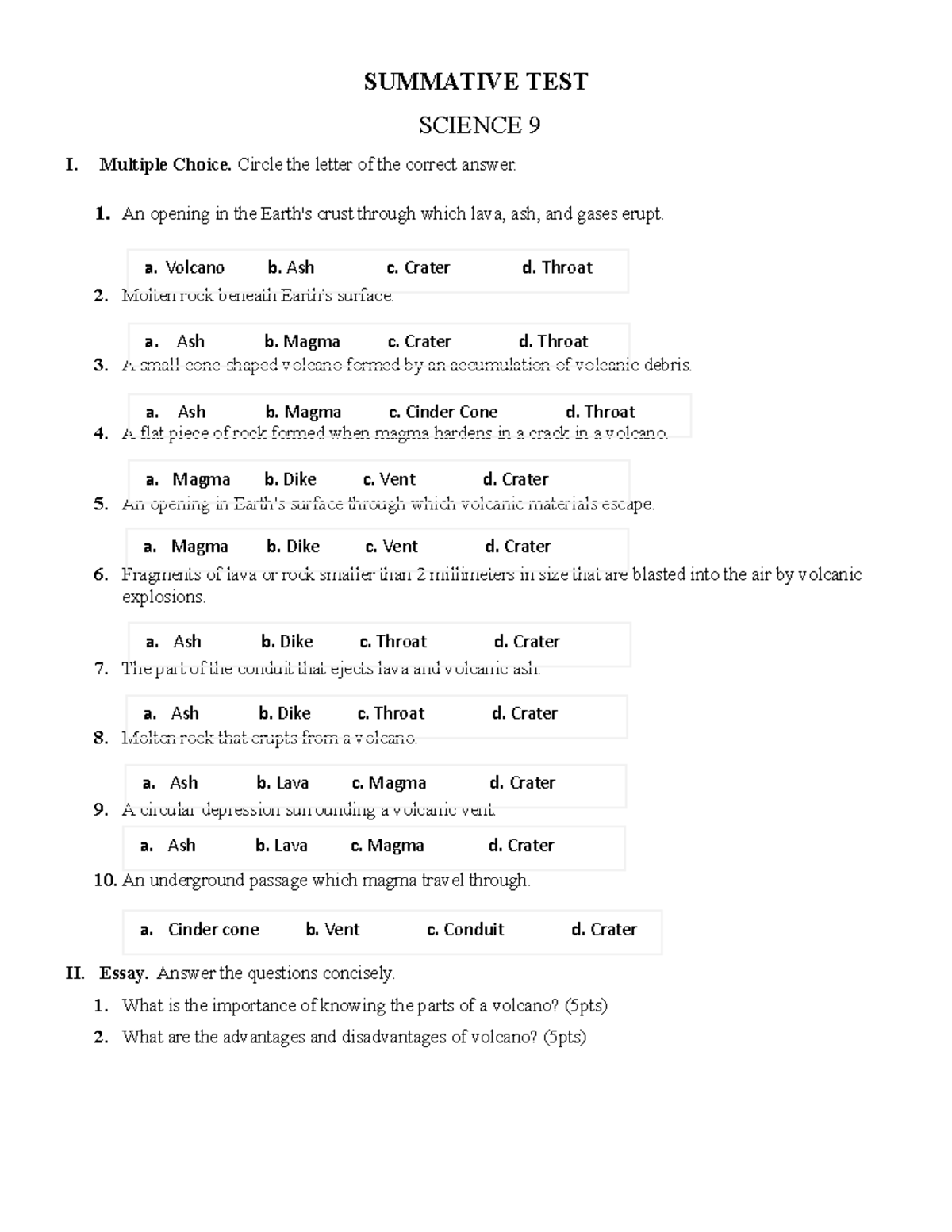 Summative TEST WITH TOS - SUMMATIVE TEST SCIENCE 9 I. Multiple Choice ...