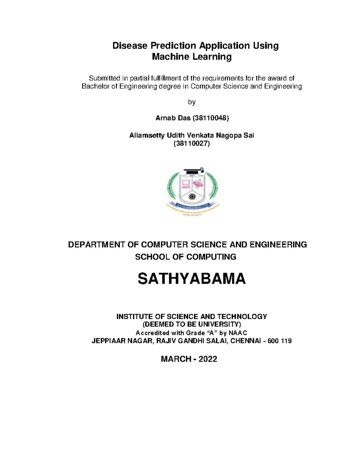 1822-b - Disease Prediction Application Using Machine Learning Submitted in partial fulfillment ...