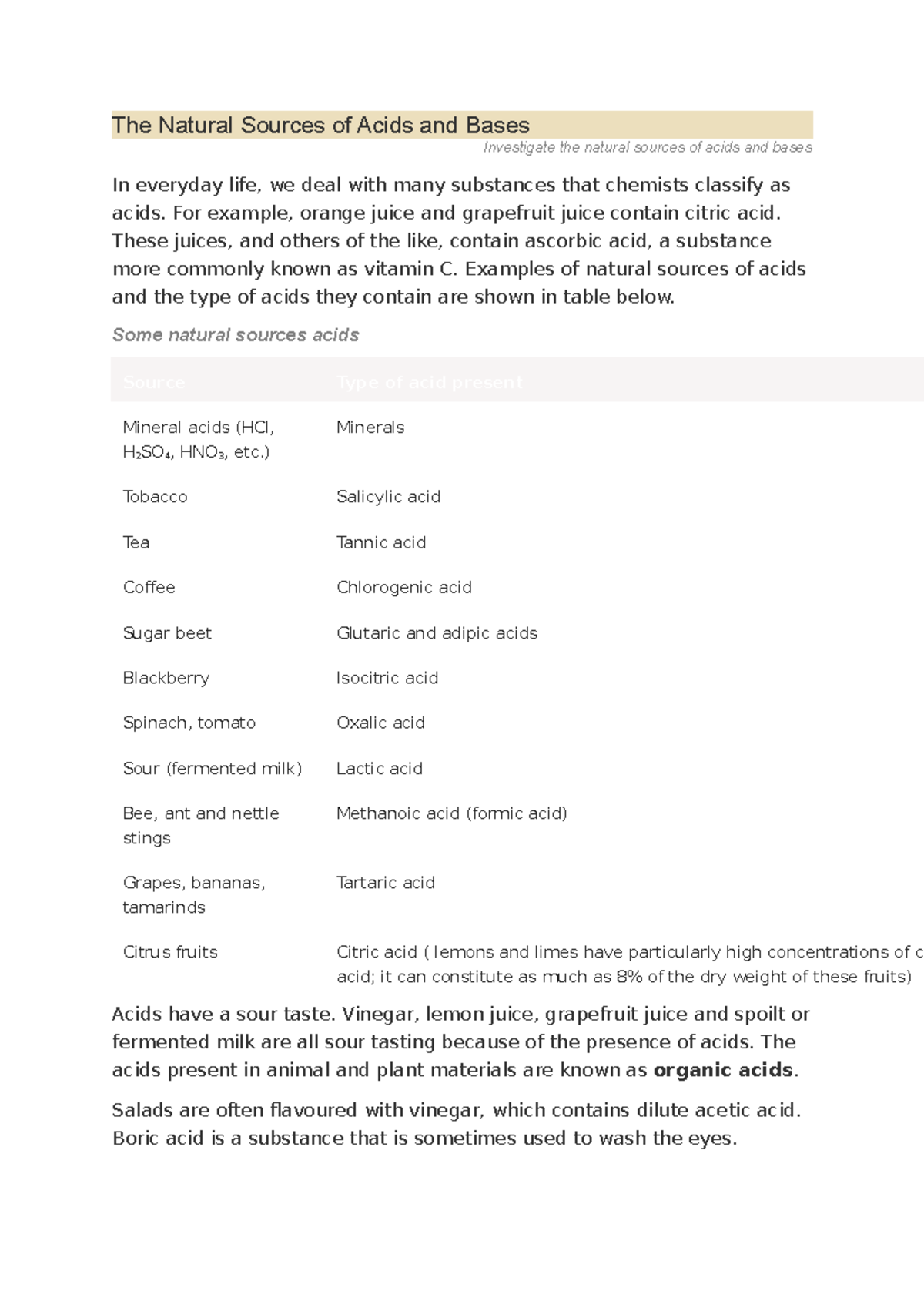 Acids. bases and Salts - The Natural Sources of Acids and Bases ...