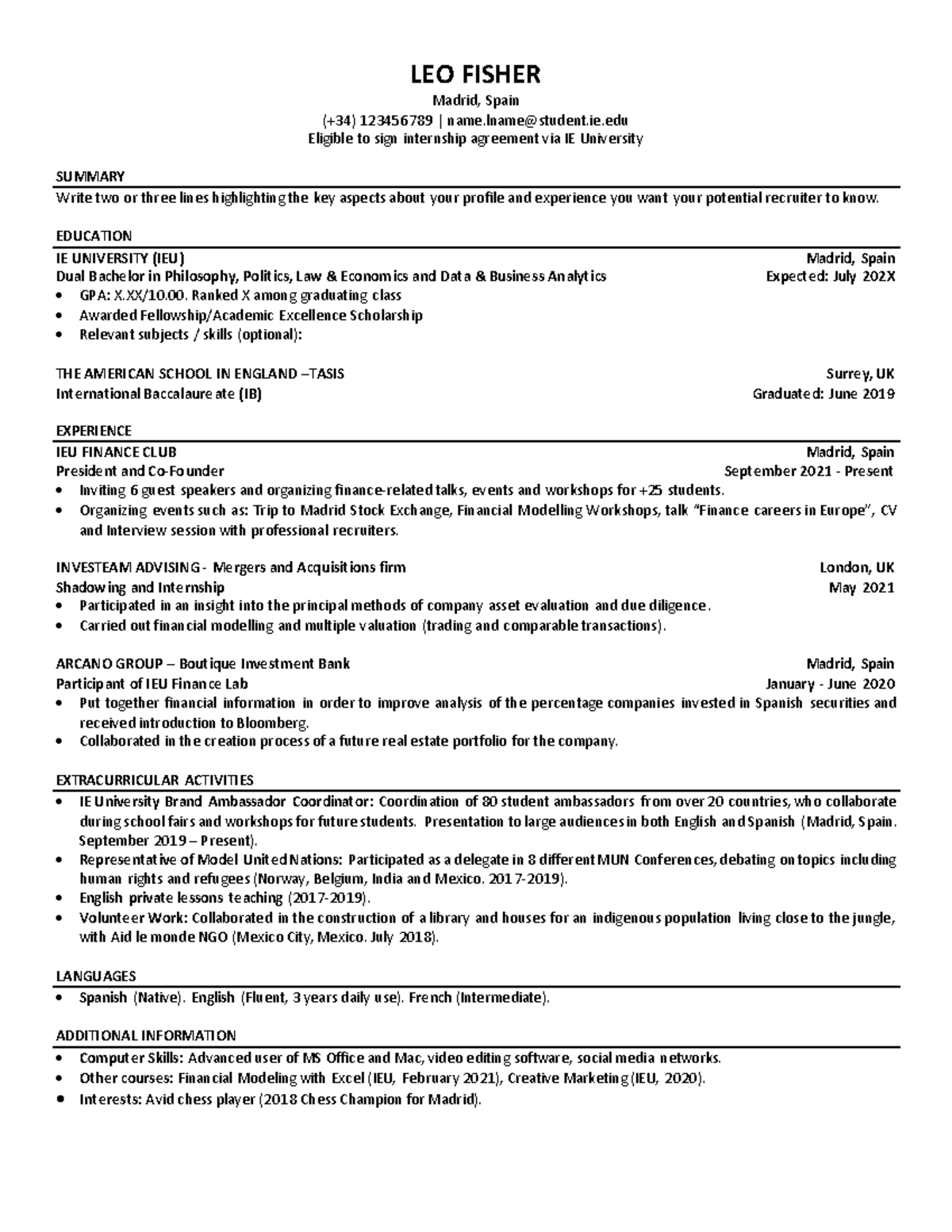 IEU CV Template - LEO FISHER Madrid, Spain (+34) 123456789 | name ...