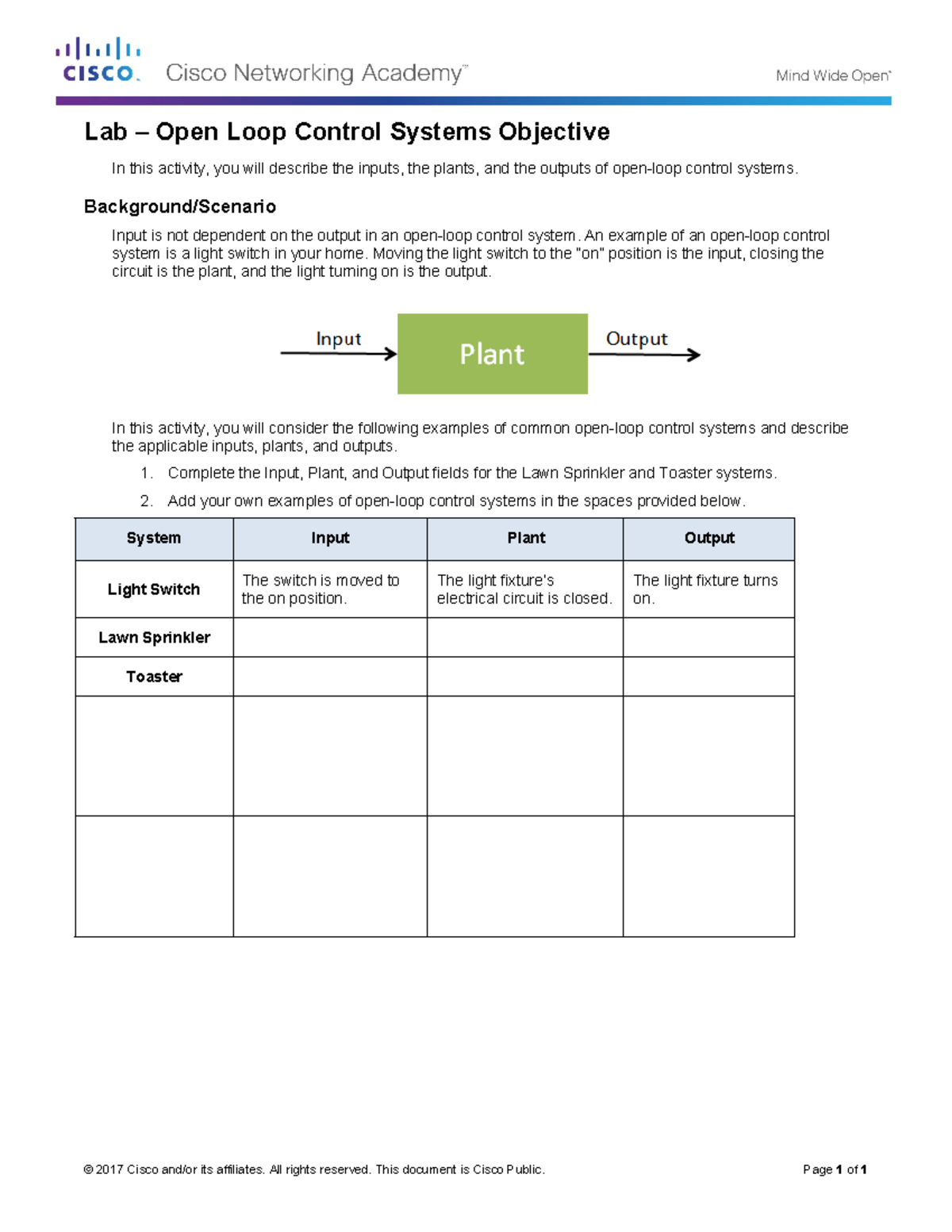 Internet of Things 1.1.3.9 - Lab – Open Loop Control Systems Objective In this activity, you ...