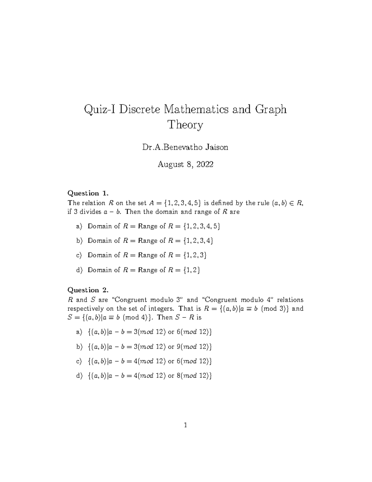 MAT2002 Quiz Set II - Quiz-I Discrete Mathematics and Graph Theory Dr.A ...