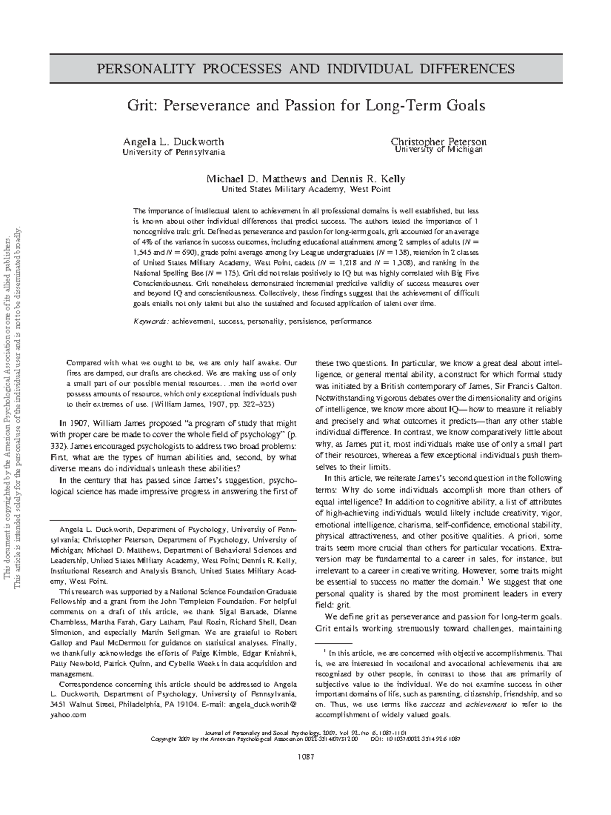 Grit Perseverance and passion - PERSONALITY PROCESSES AND INDIVIDUAL ...