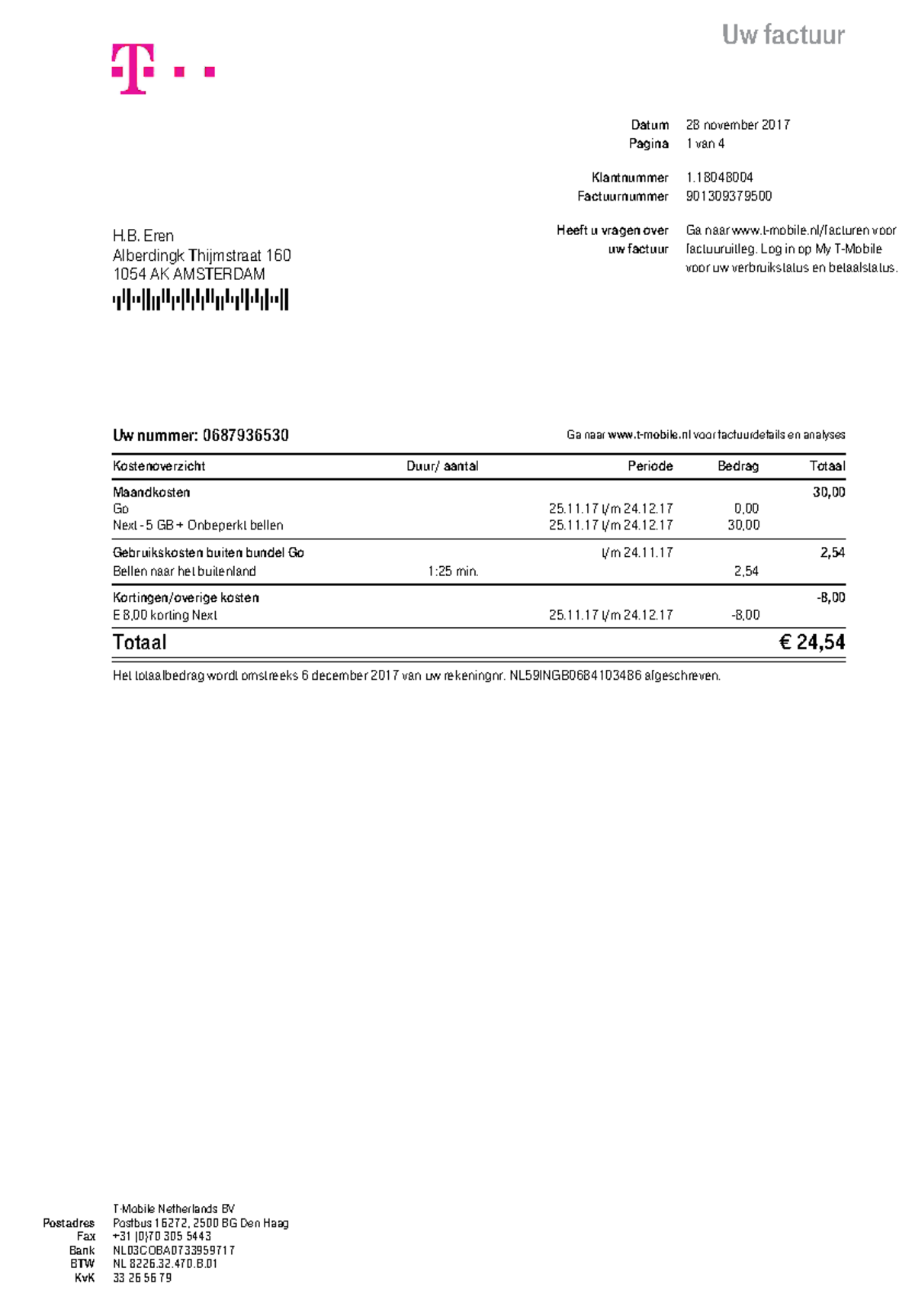 455490008 T Mobile Factuur - Datum 28 november 2017 Pagina Klantnummer ...