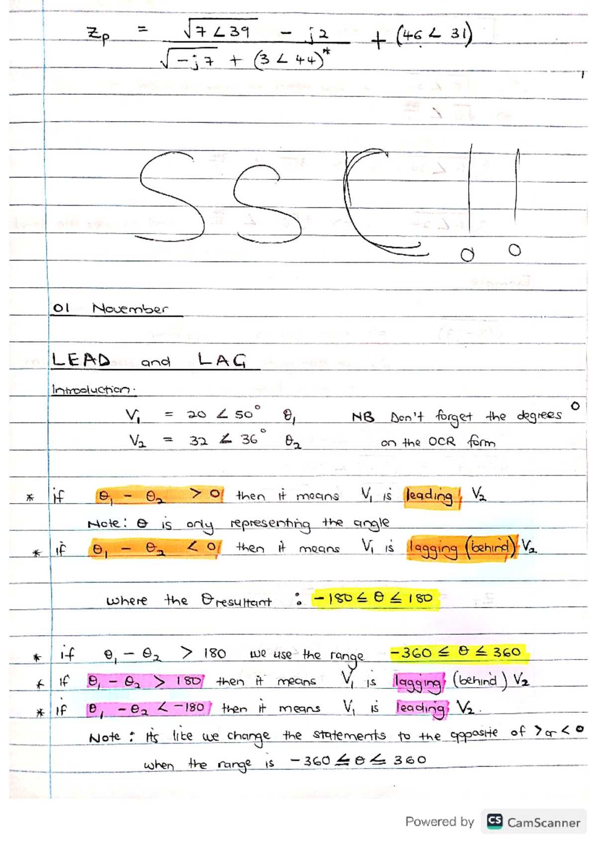 Lead, lagg & Impedance - Lecture Notes - Zp 7 L39 j2 (46 L 31) 7 (3 L 0 ...