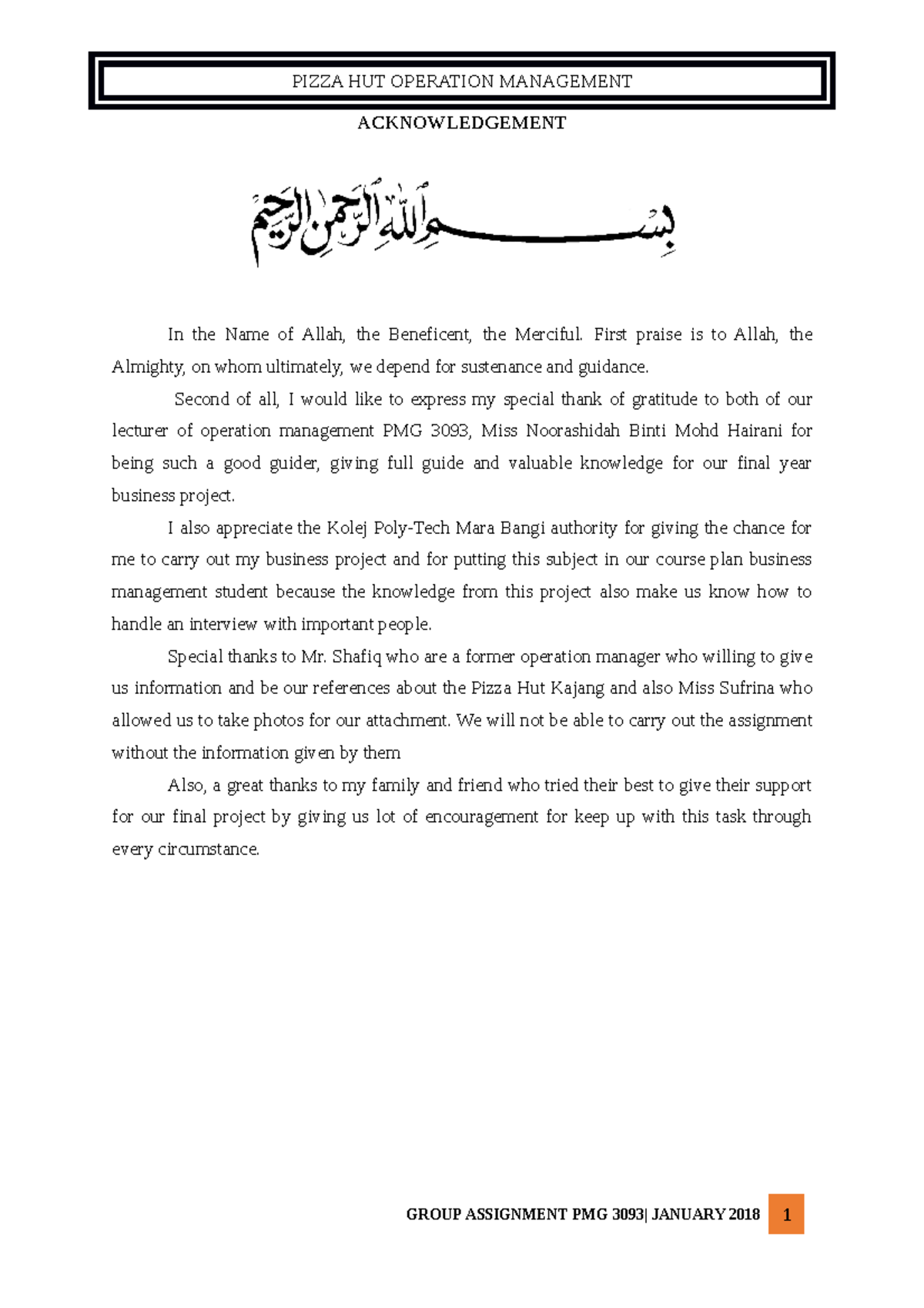 Pizzahut Operation Management - ACKNOWLEDGEMENT In the Name of Allah ...