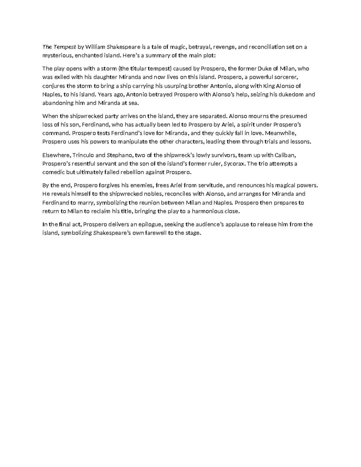 The Tempest by William Shakespeare - Here’s a summary of the main plot ...