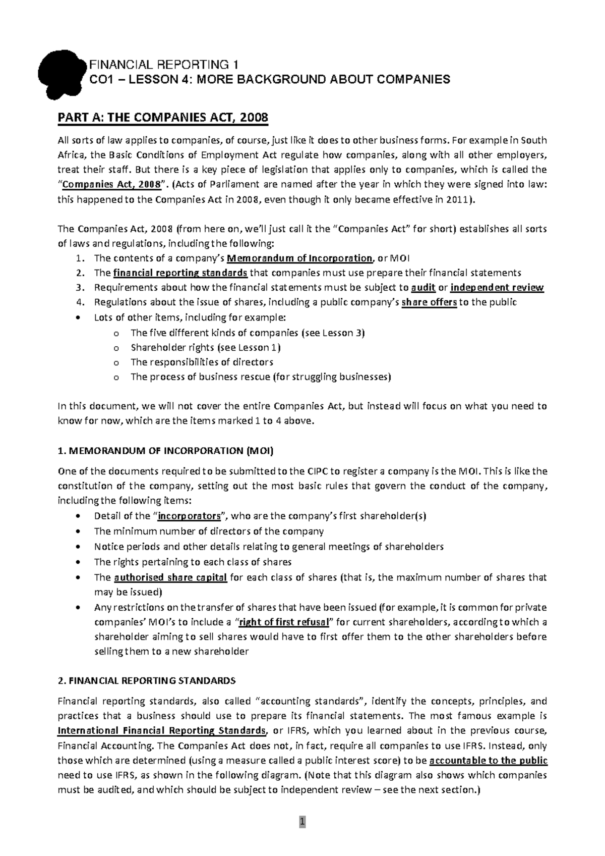Company Notes - 1 FINANCIAL REPORTING 1 CO1 – LESSON 4: MORE BACKGROUND ...
