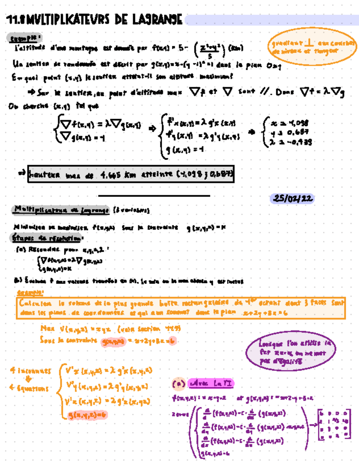 Chapitre 11 - Multiplicateur de Lagrange - exemple : ####### l' altitude d' une q radiant aux ...