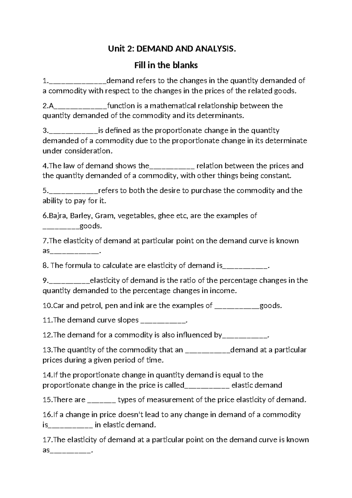 Business economics unit 2 - Unit 2: DEMAND AND ANALYSIS. Fill in the ...