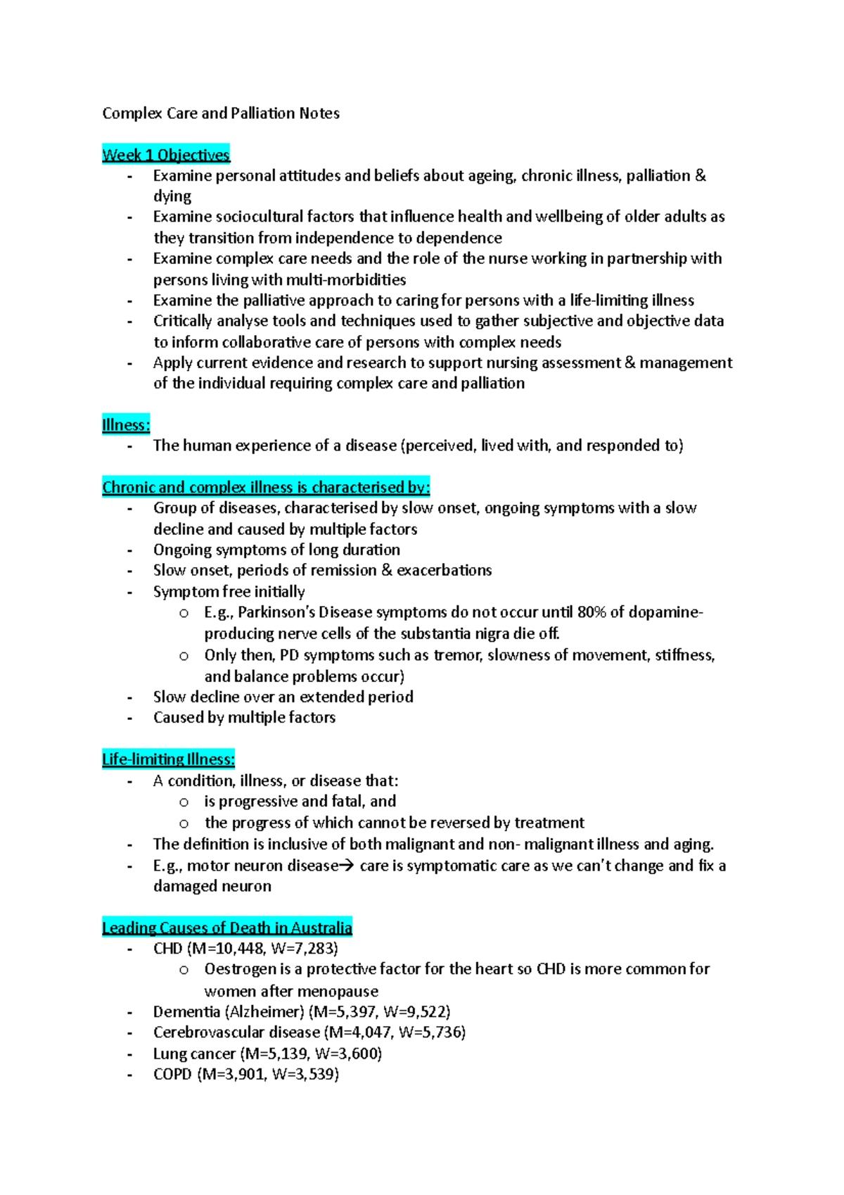 Complex Care and Palliation Notes - , Parkinson’s Disease symptoms do ...