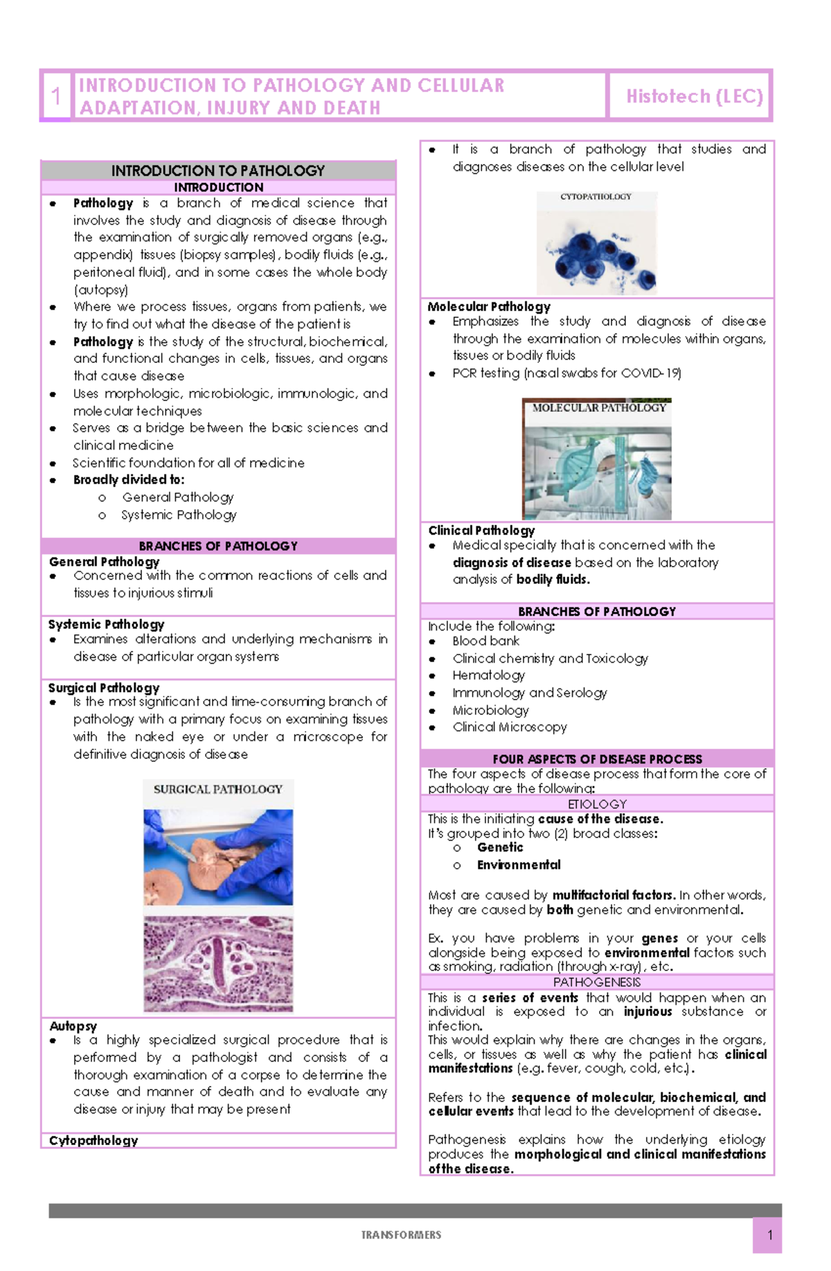 Histopath Lecture (Finals) - 1 INTRODUCTION TO PATHOLOGY AND CELLULAR ...
