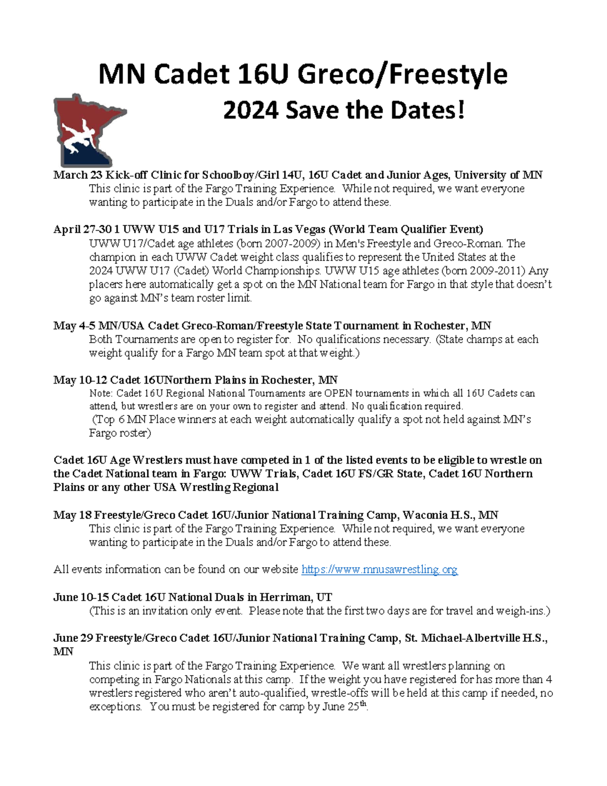 2024 Cadet Save the Dates - MN Cadet 16U Greco/Freestyle 2024 Save the ...