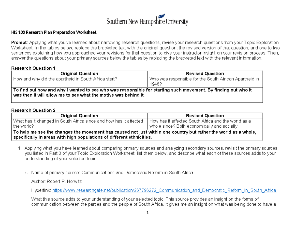 HIS 100 Research Plan Preparation Worksheet 2 - HIS 100 Research Plan ...