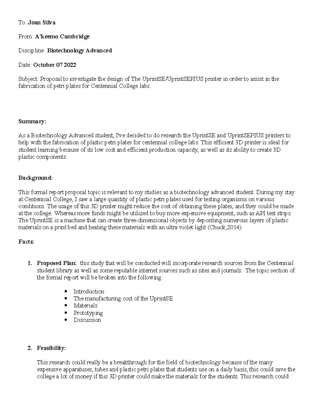 Formal report proposal - To: Joan Silva From: A’keemo Cambridge ...
