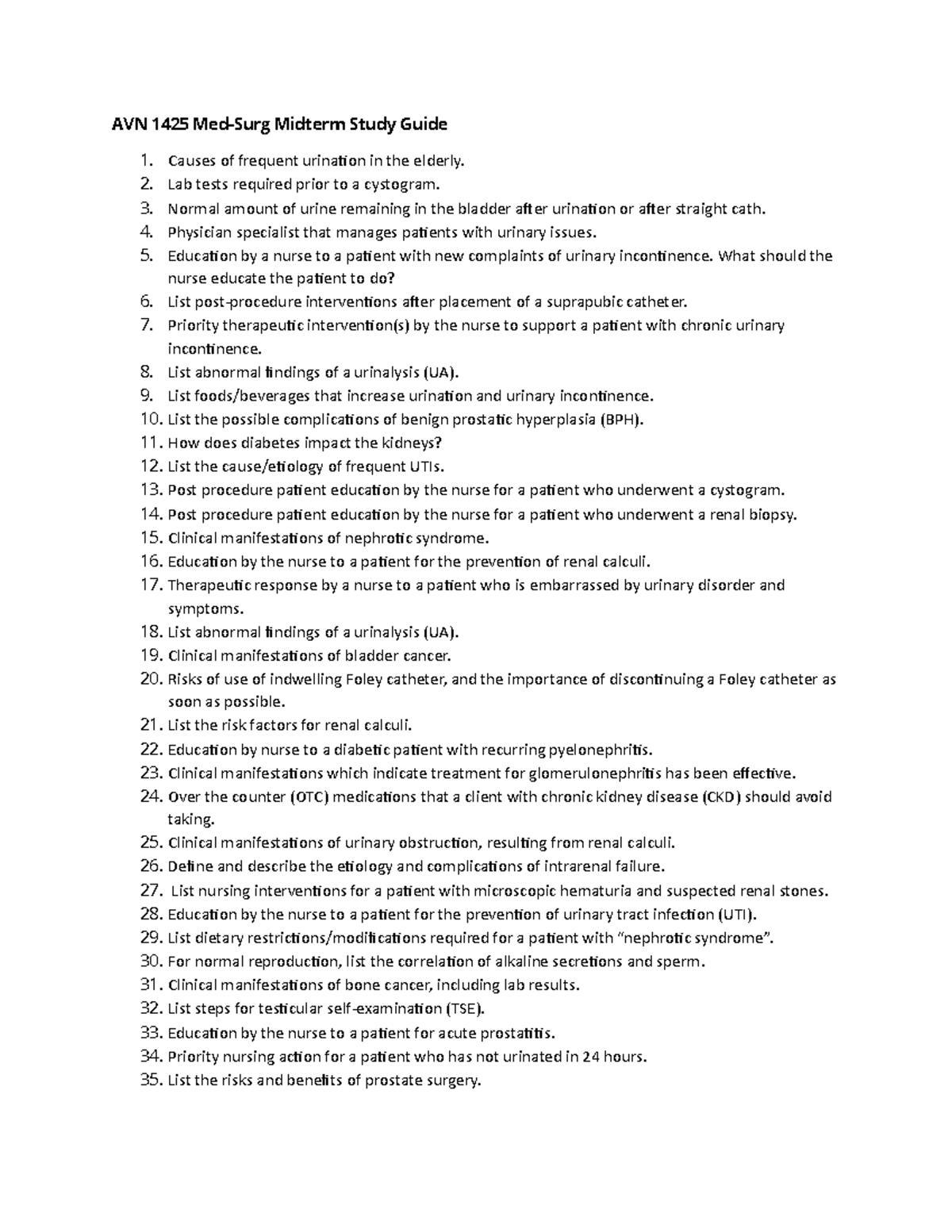 AVN 1425 Med-Surg Midterm Study Guide - Causes of frequent urination in ...