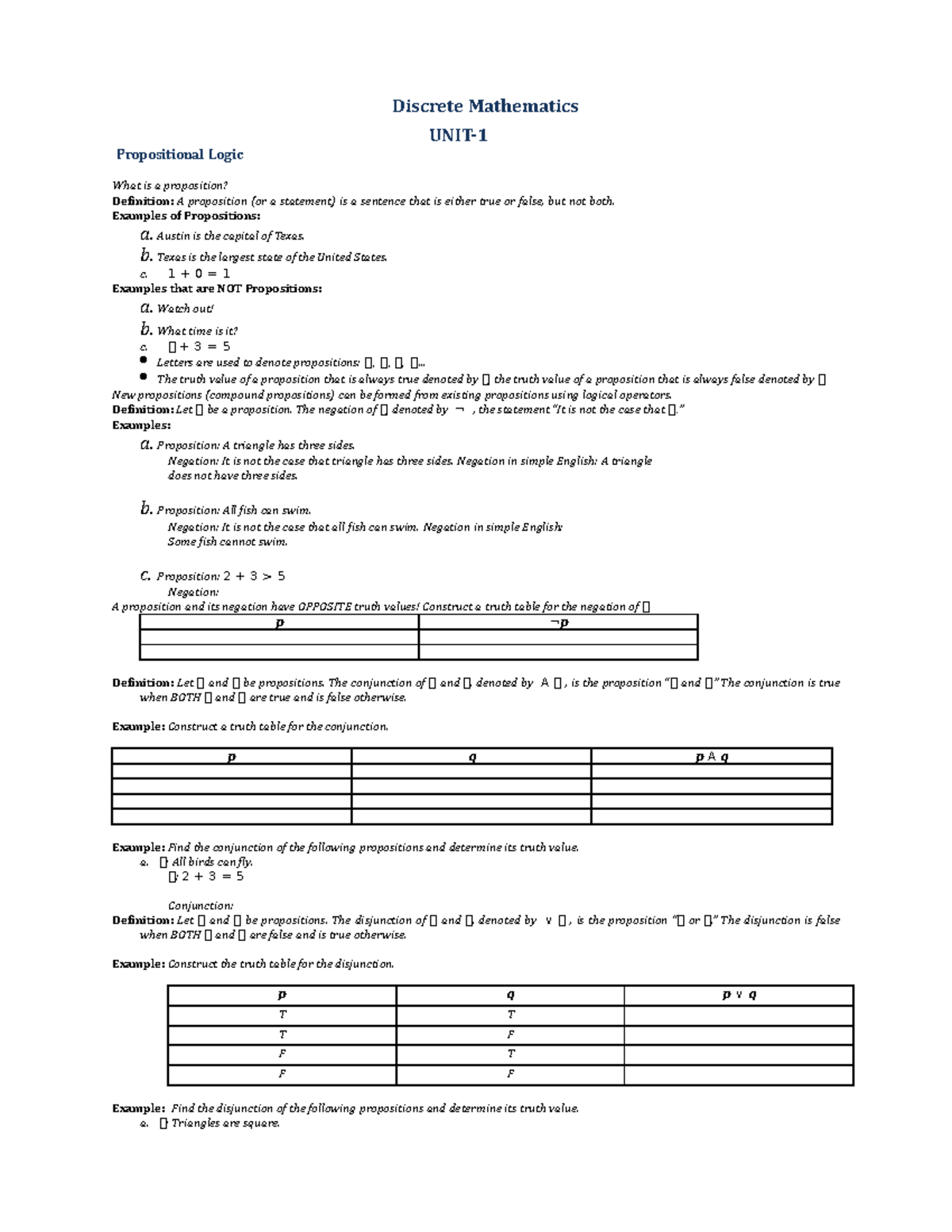 DM UNIT 1 - good - Discrete Mathematics UNIT- Propositional Logic What is a proposition ...