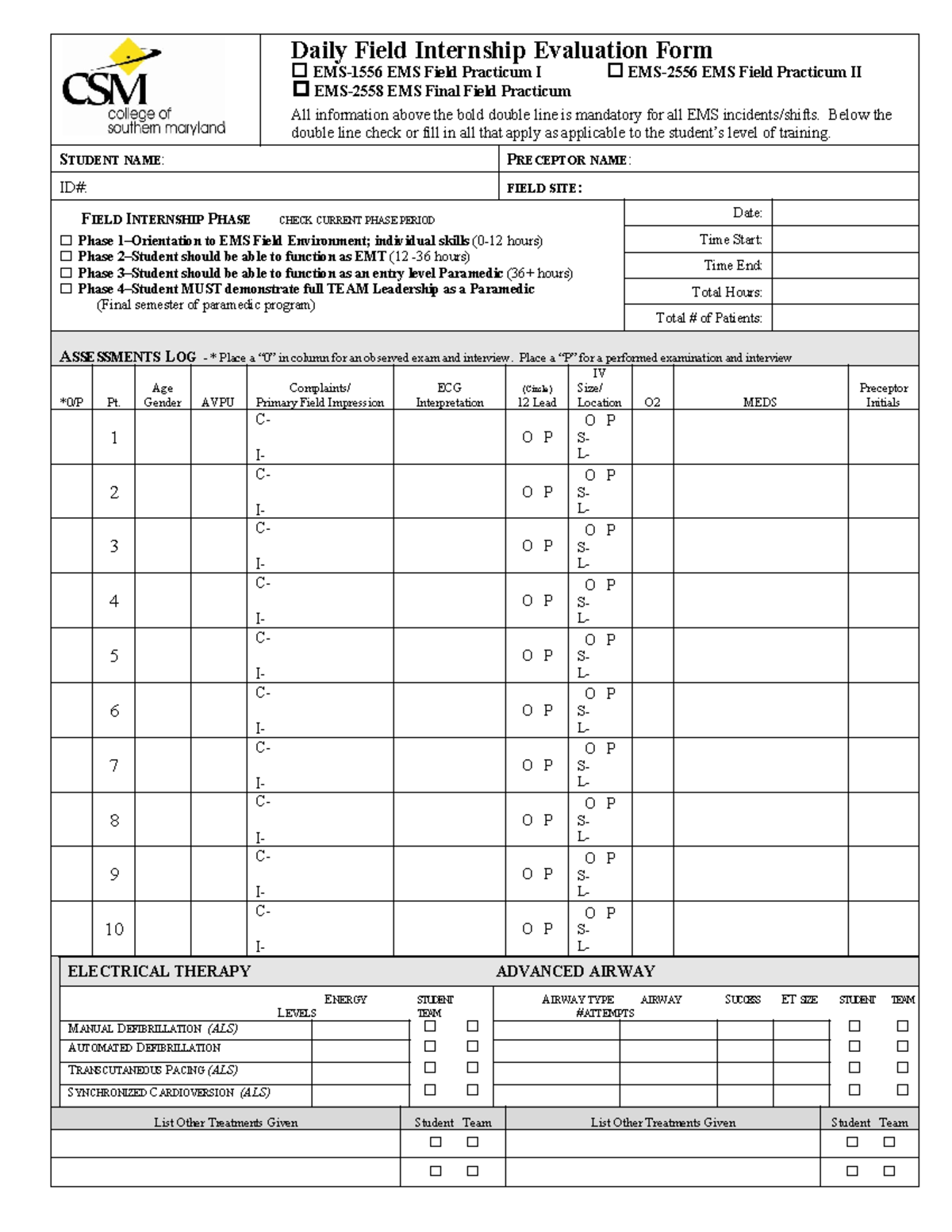CSM+Daily+Field+Eval+2018 - Daily Field Internship Evaluation Form EMS ...