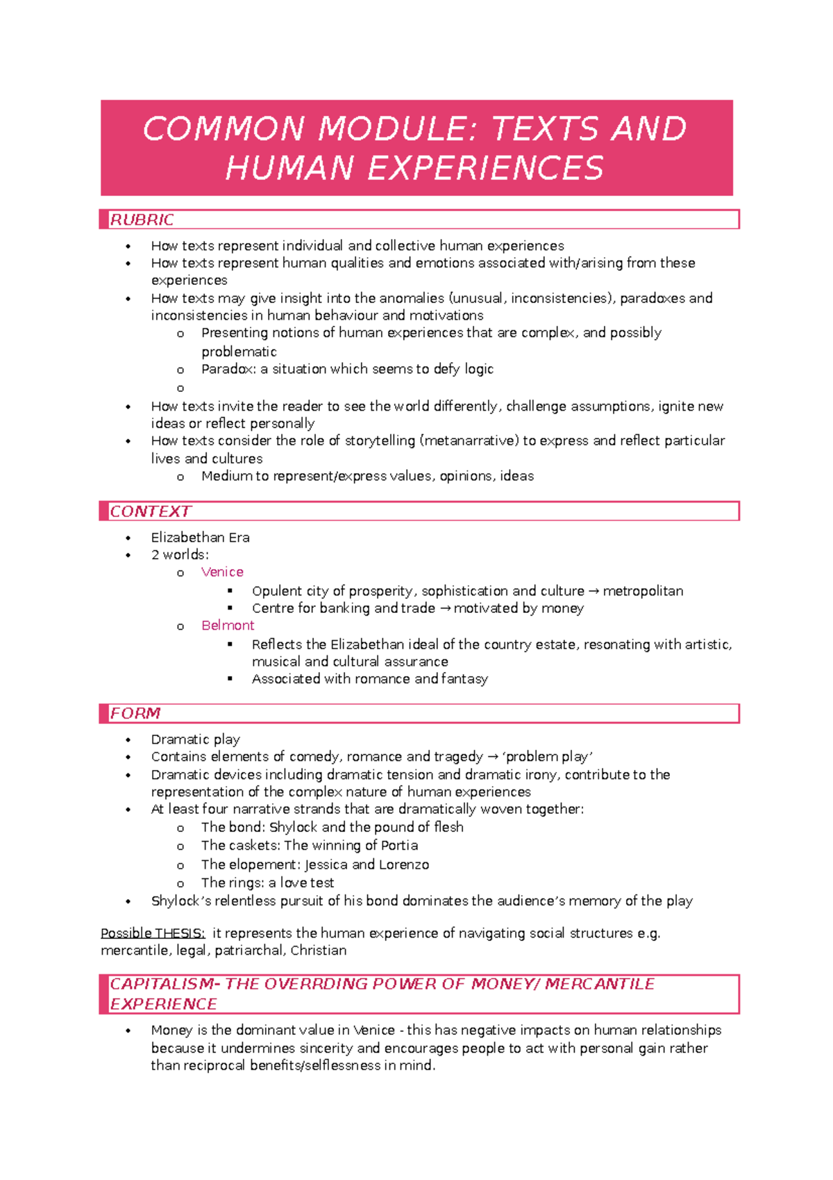 Texts AND Human Experiences Summary - COMMON MODULE: TEXTS AND HUMAN ...