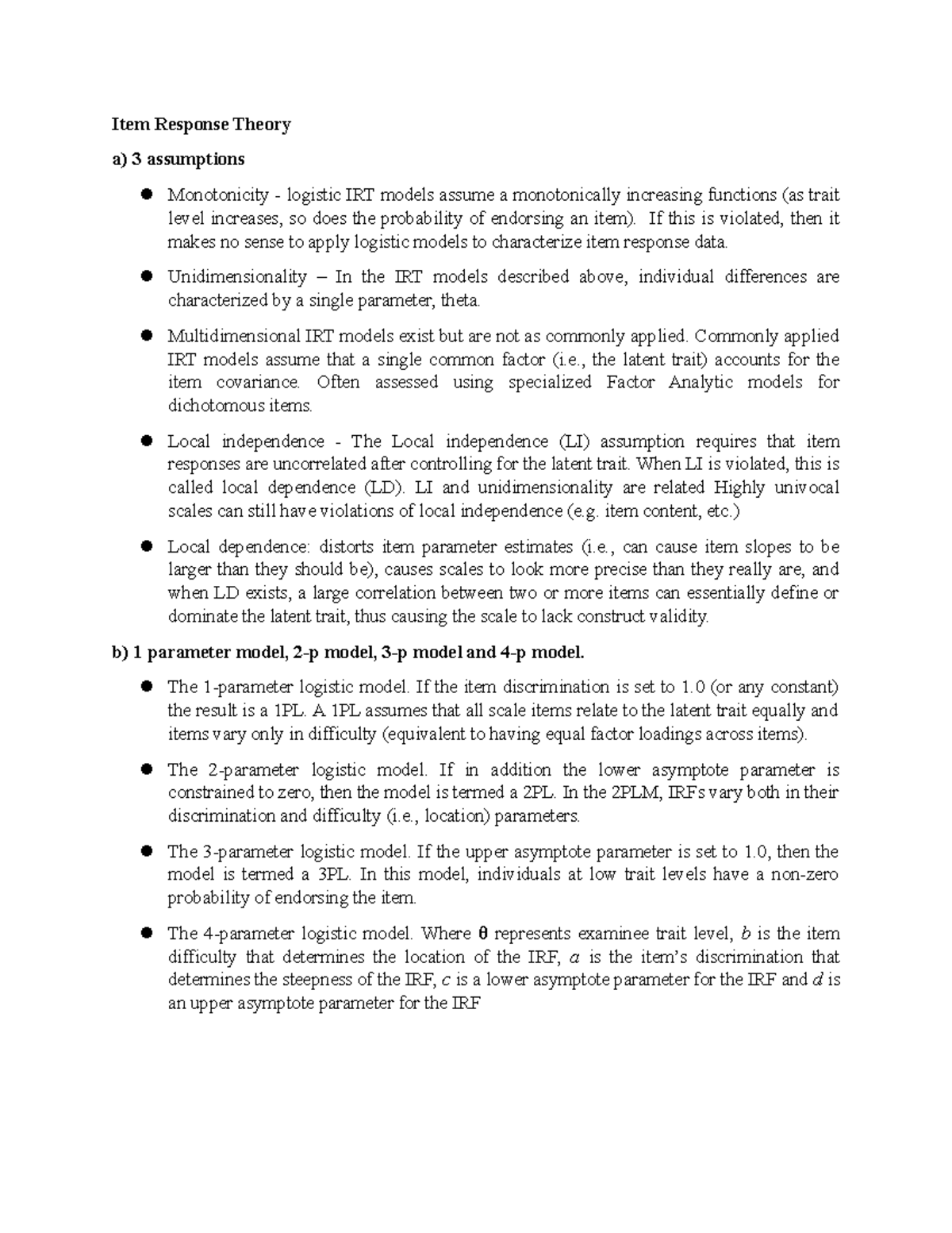 Item Response Theory notes - Item Response Theory a) 3 assumptions ...