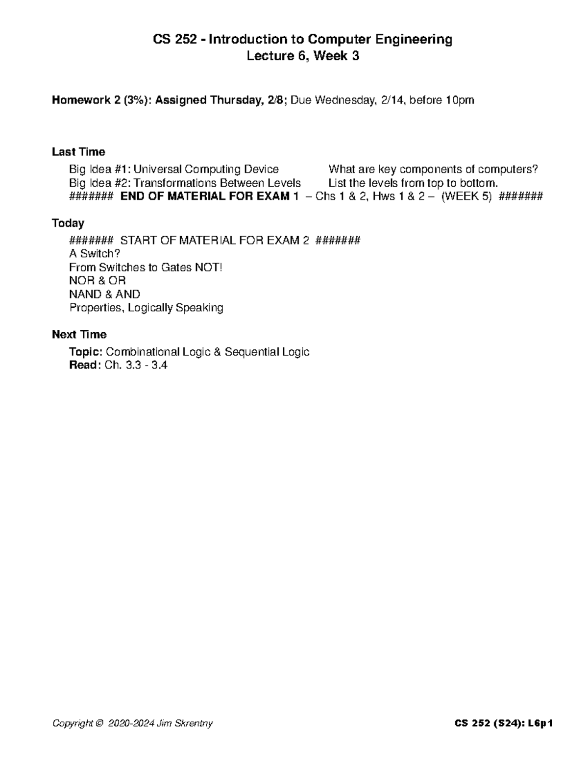 Outline L 6w3 - CS 252 - Introduction to Computer Engineering Lecture 6 ...