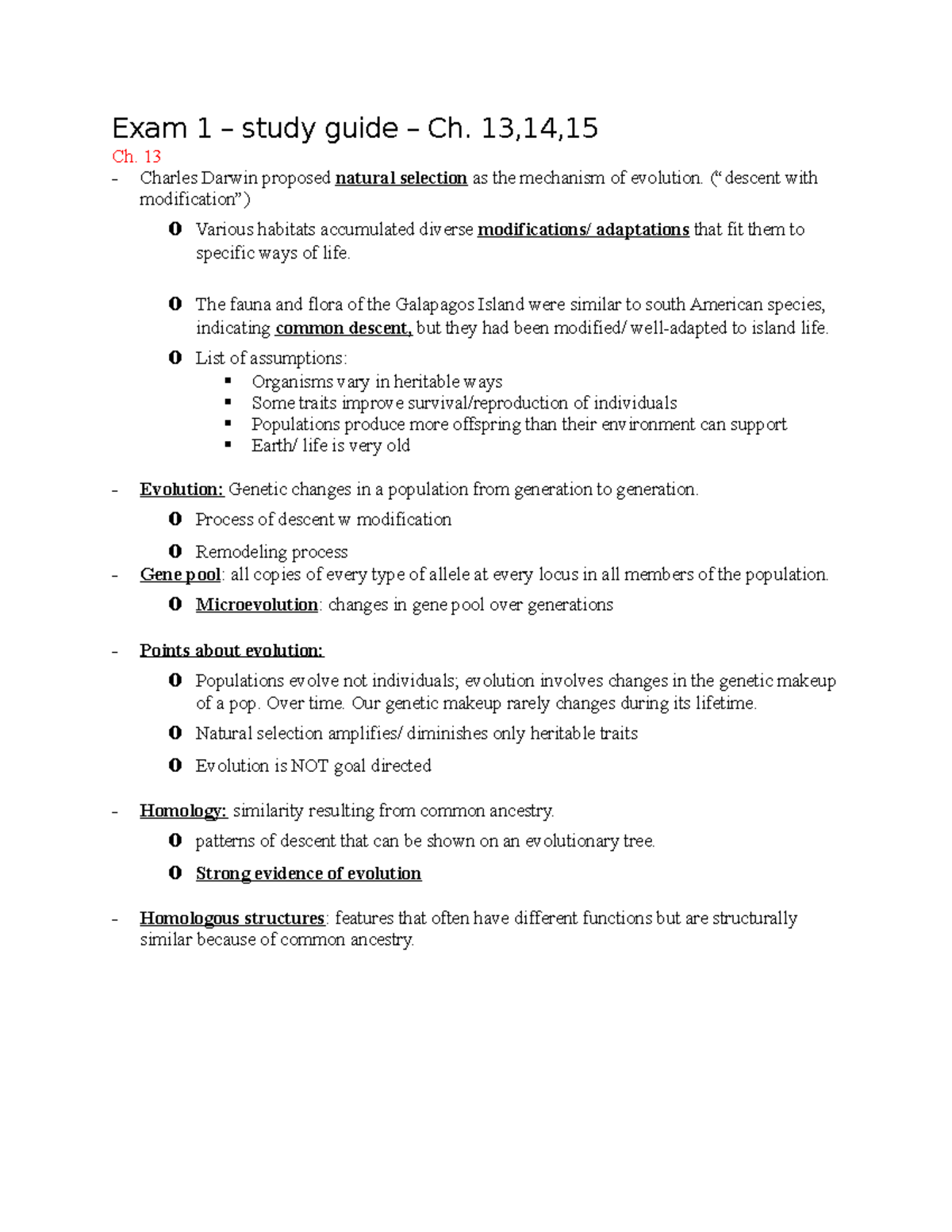 Bio.Exam1 Study Guide - Exam 1 – study guide – Ch. 13,14, Ch. 13 Charles Darwin proposed natural ...