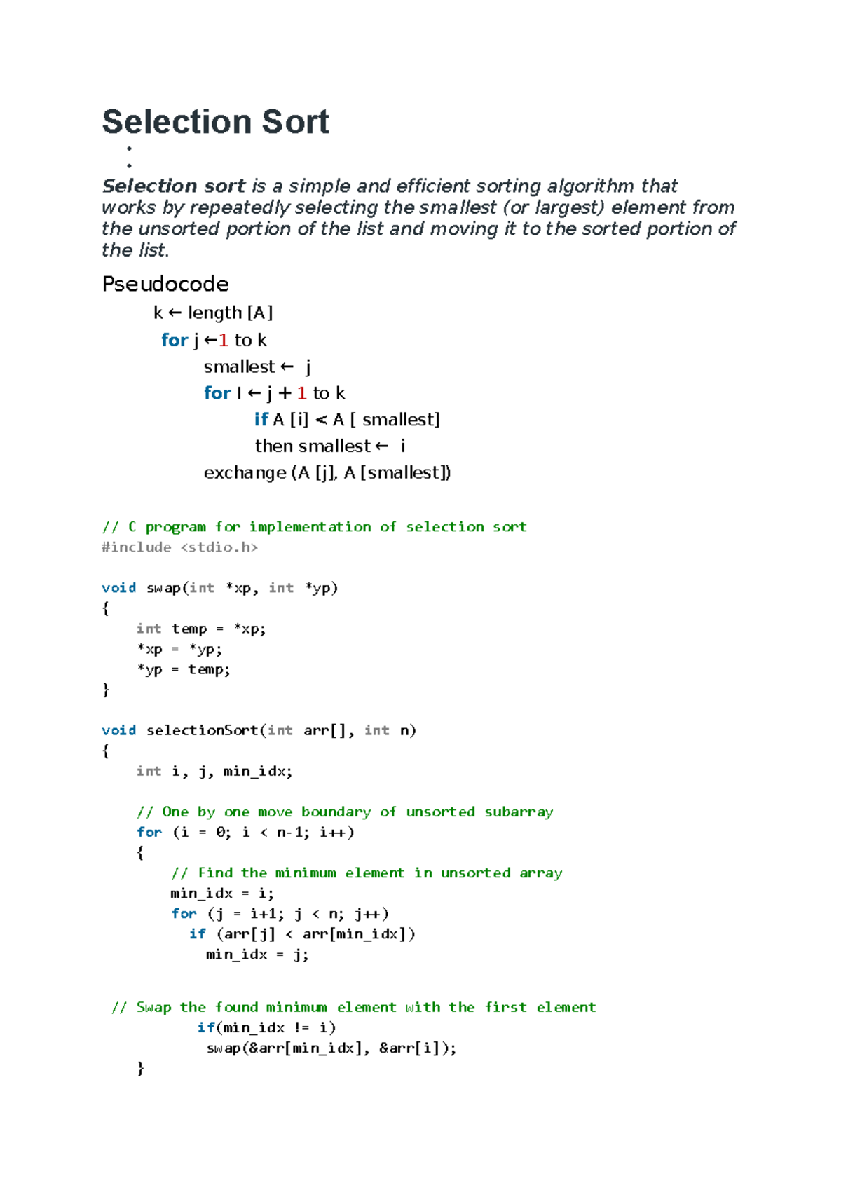 Selection Sort-2 - ABCD - Selection Sort Selection sort is a simple and efficient sorting - Studocu