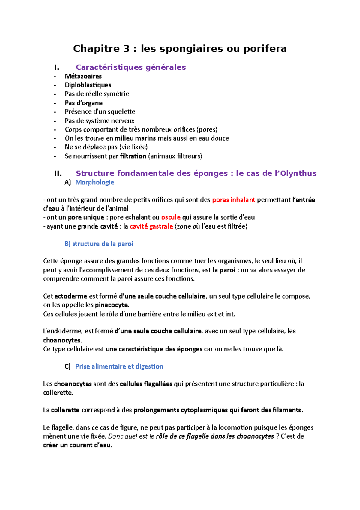 Chapitre 3 - cours complet - Chapitre 3 : les spongiaires ou porifera I ...