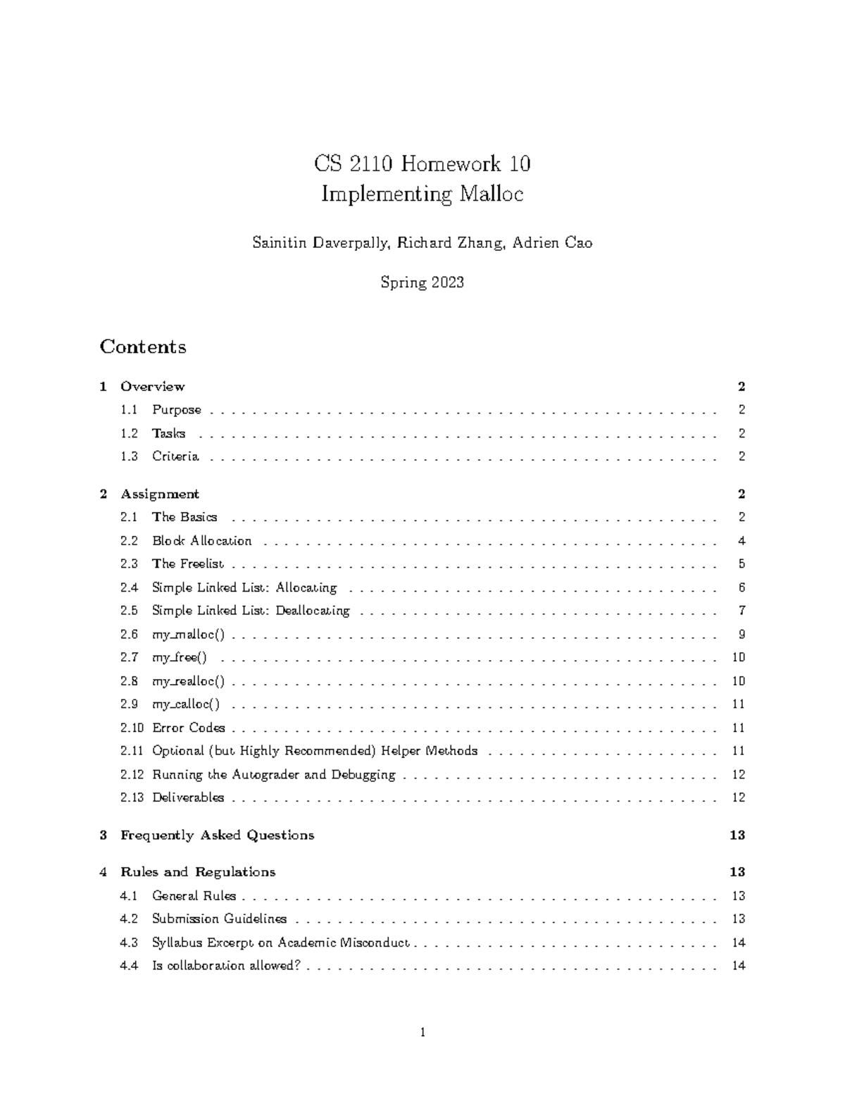 Hw10 - hw 10 instructions - Implementing Malloc - CS 2110 Homework - Spring Sainitin Daverpally ...