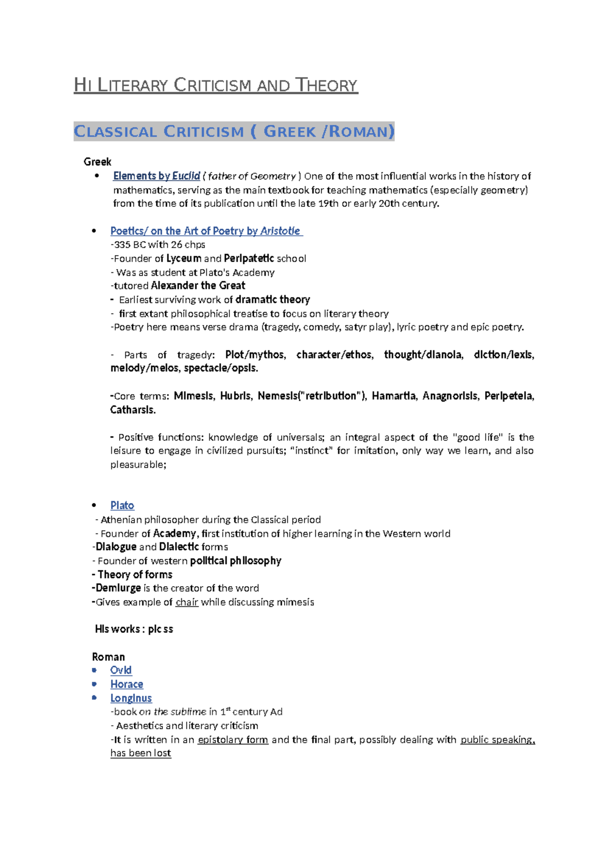 Literary criticism - HI LITERARY CRITICISM AND THEORY CLASSICAL ...