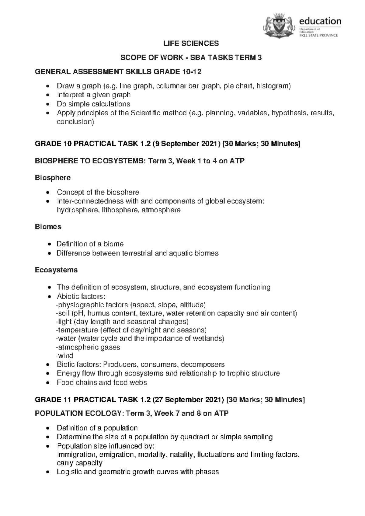 Scope for life sciences term 3 grade 10 - LIFE SCIENCES SCOPE OF WORK ...