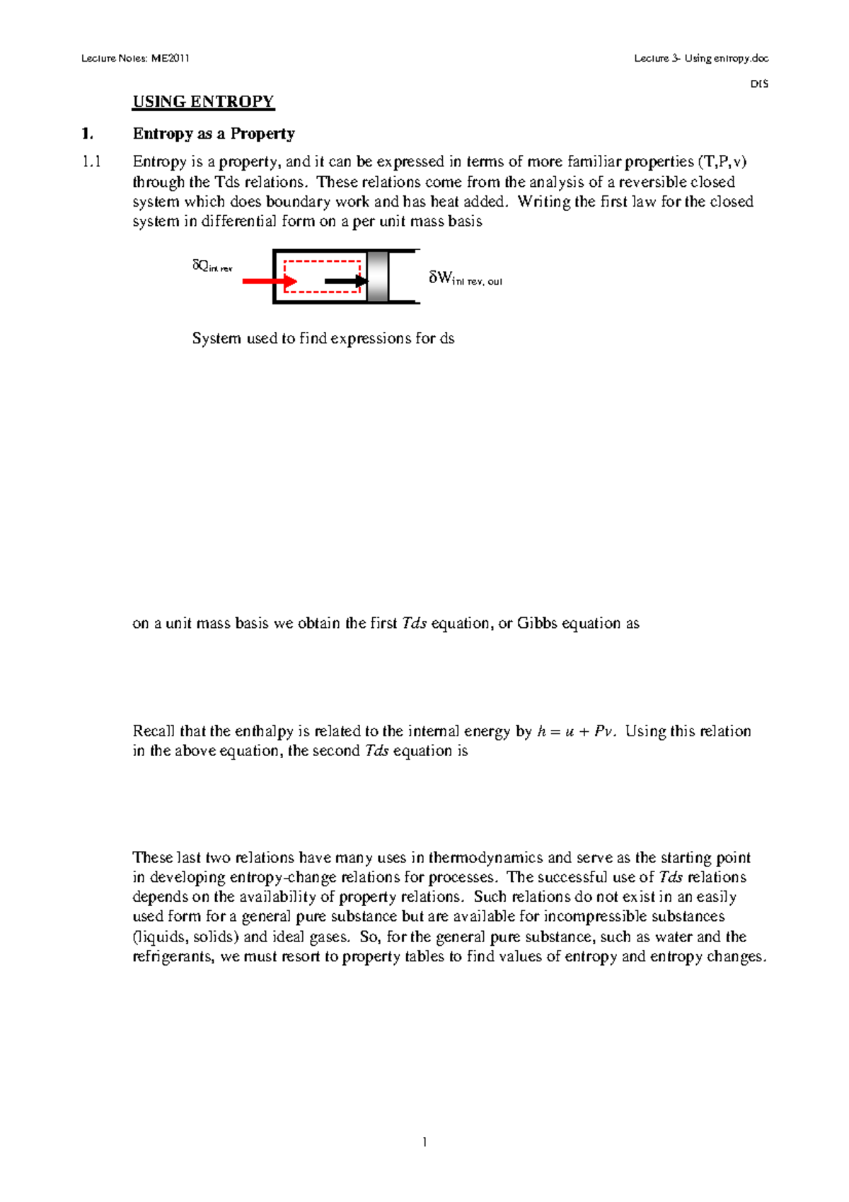 Lecture 3- Using entropy - DIS USING ENTROPY Entropy as a Property 1 ...