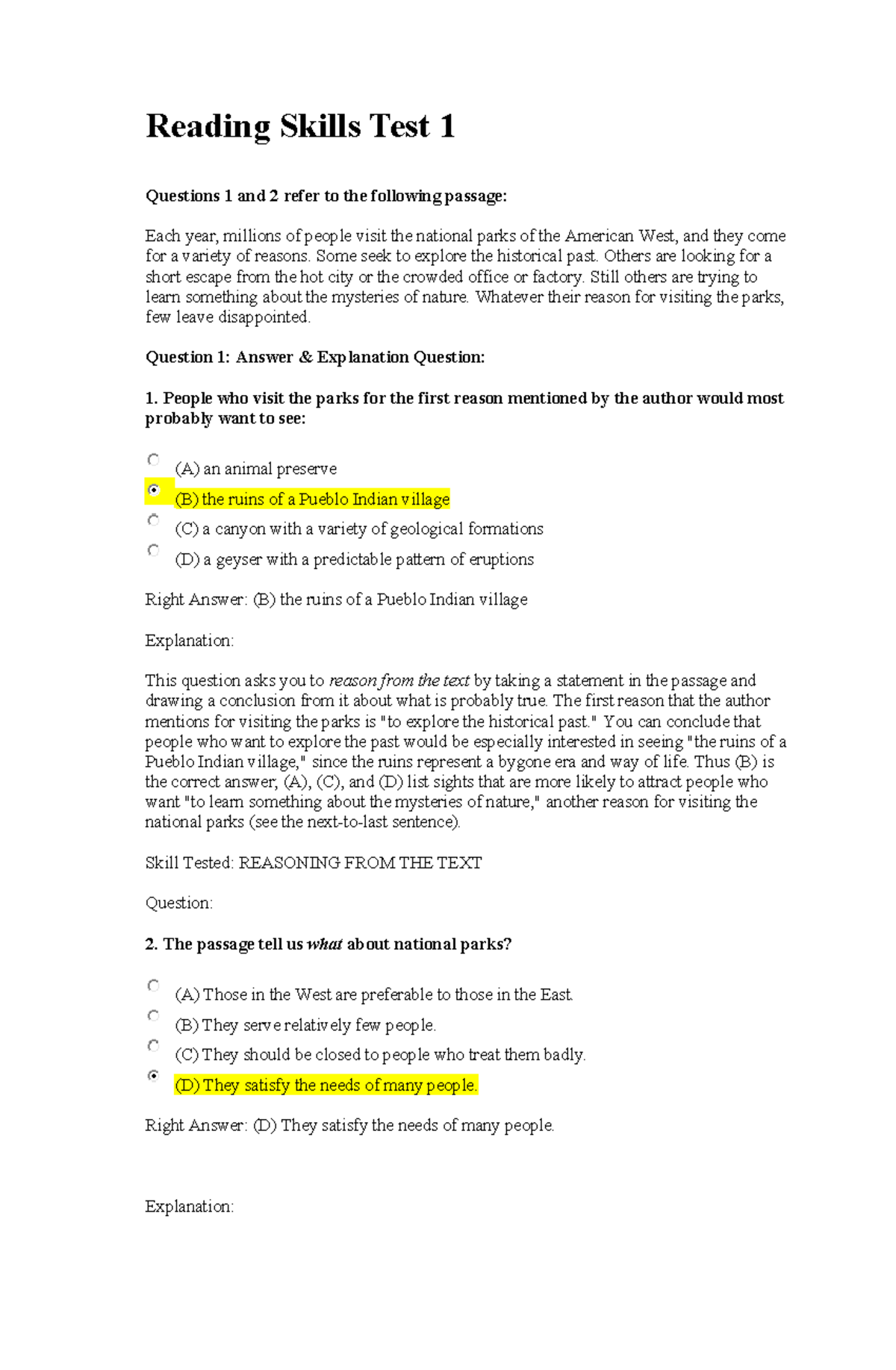 Dlscrib - 0uytf - Reading Skills Test 1 Questions 1 and 2 refer to the ...