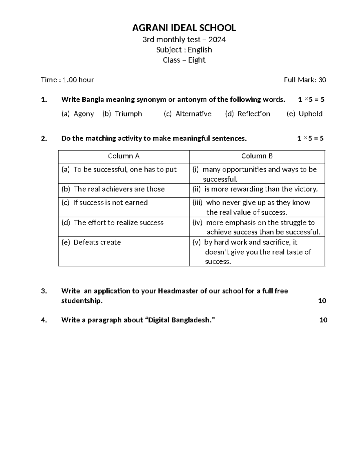Class SIX 3RD Monthly - It's very good documents - AGRANI IDEAL SCHOOL ...