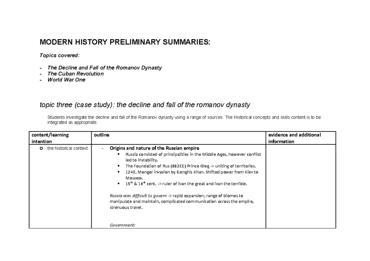 Modern history summaries - MODERN HISTORY PRELIMINARY SUMMARIES: Topics ...