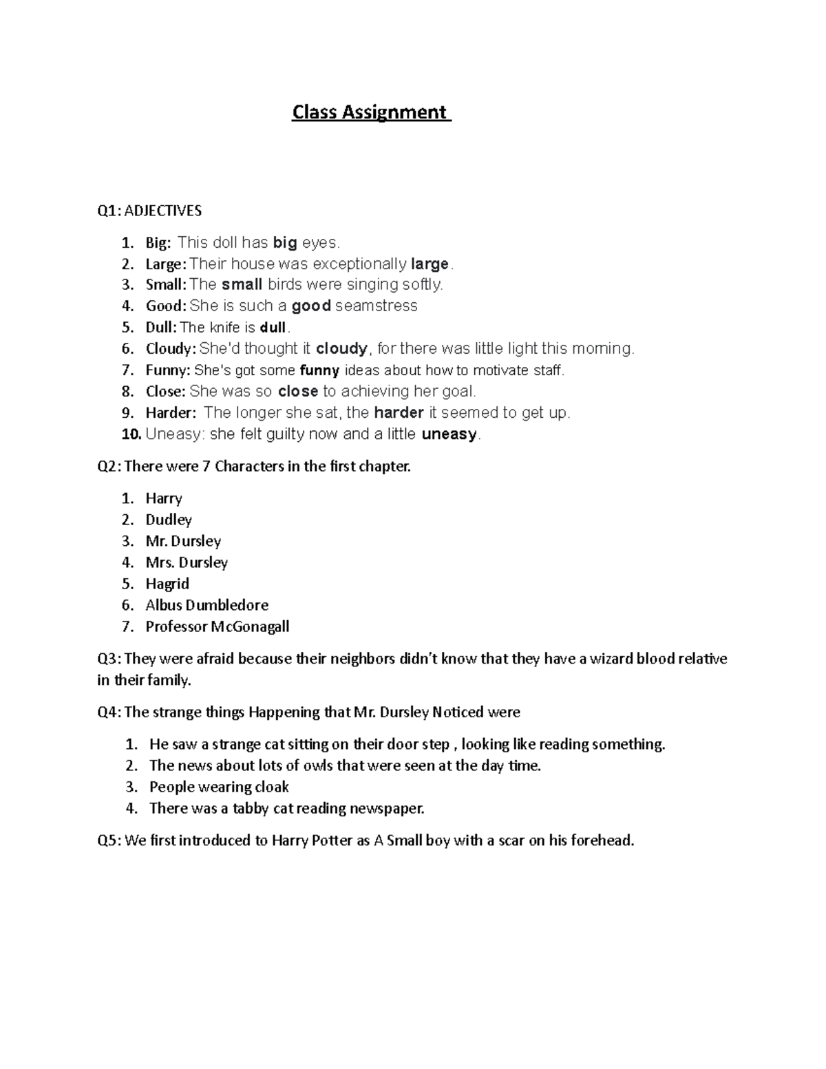 Assignment 1 - notes and assignmnet - Class Assignment Q1: ADJECTIVES ...