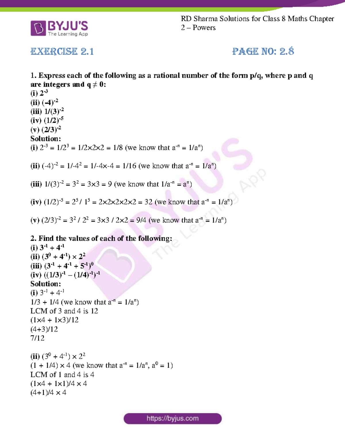 Rd sharma class 8 maths solutions - 2 – Powers EXERCISE 2 PAGE NO: 2 ...