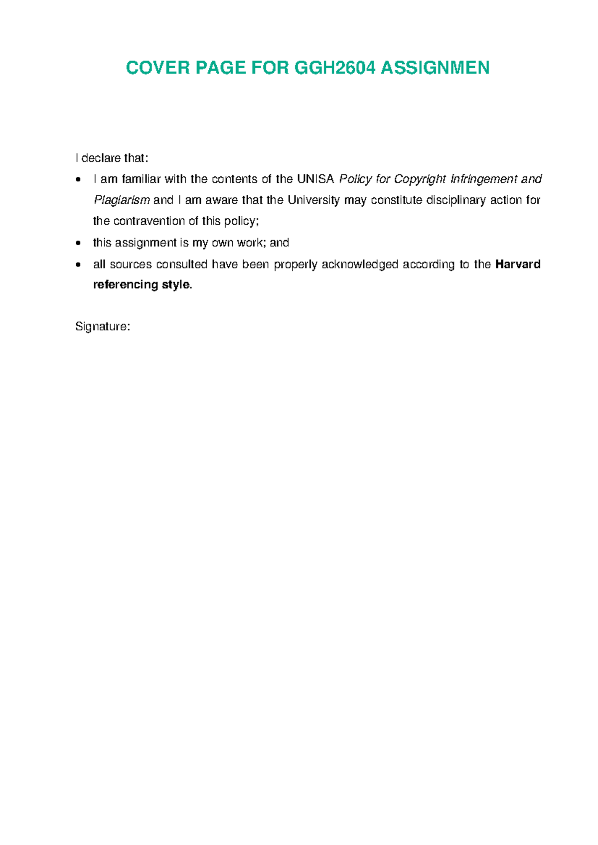 ASSESSMENT 2 INC 3201 - COVER PAGE FOR GGH2604 ASSIGNMEN I declare that ...