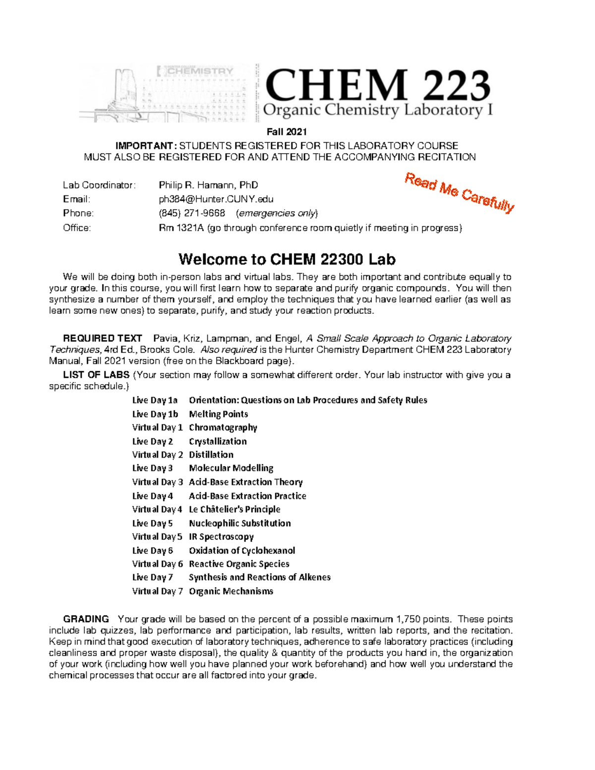 Chem 223 Syllabus - Fall 2021 IMPORTANT: STUDENTS REGISTERED FOR THIS ...