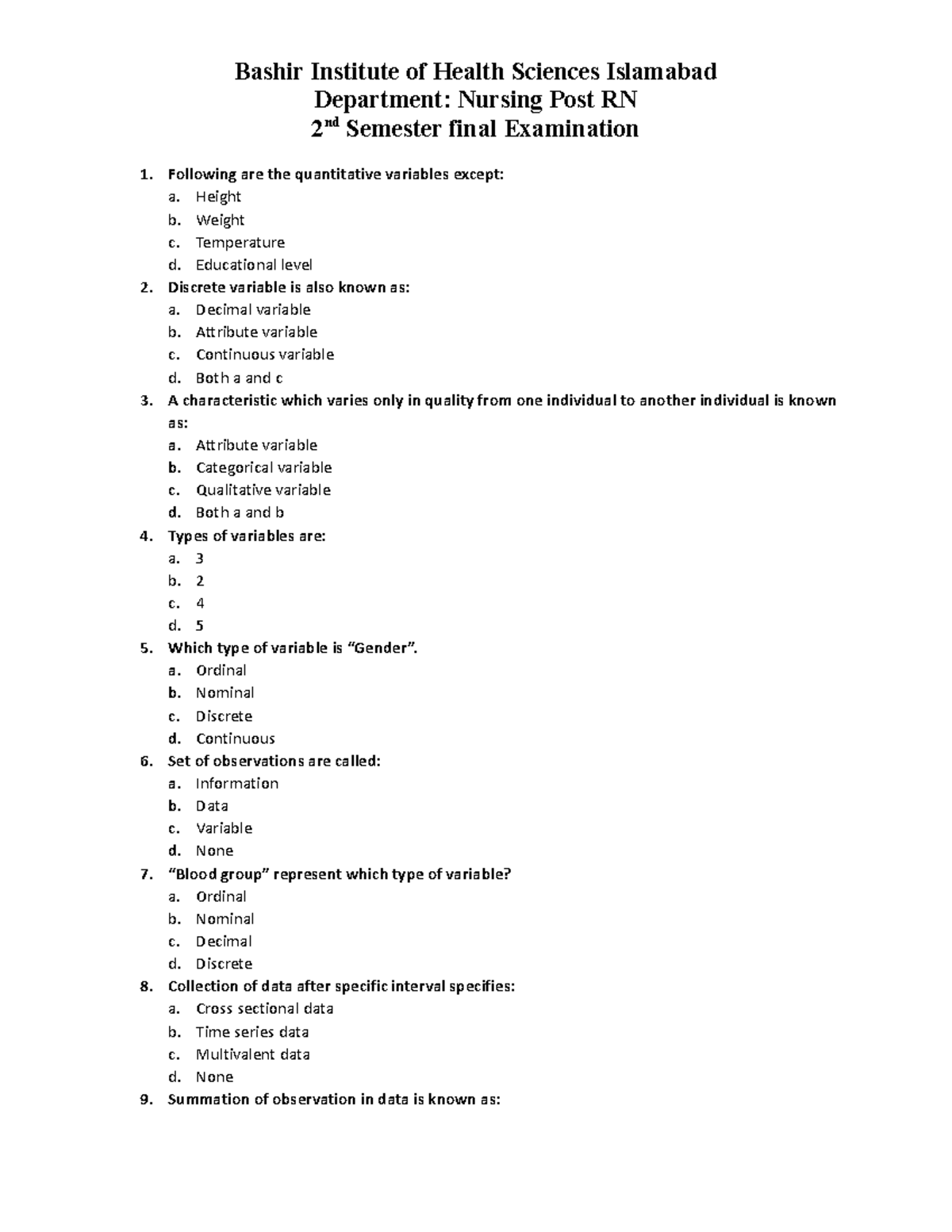 Biostat MCQs Bank-1 - Mcqs for exam. - Department: Nursing Post RN 2 nd ...