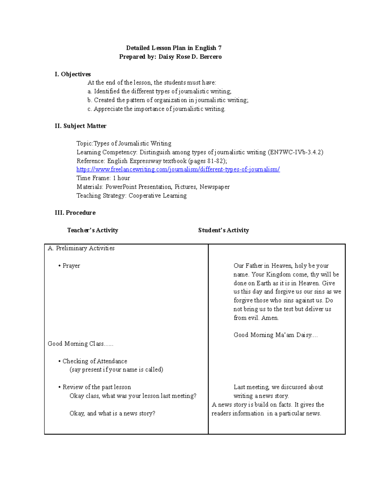 Deped DEMO Detailed LP Detailed Lesson Plan In English 7 Prepared
