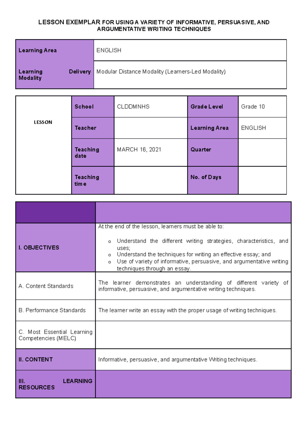 Lesson-Exemplar 1 - Grade: 10 - LESSON EXEMPLAR FOR USING A VARIETY OF ...