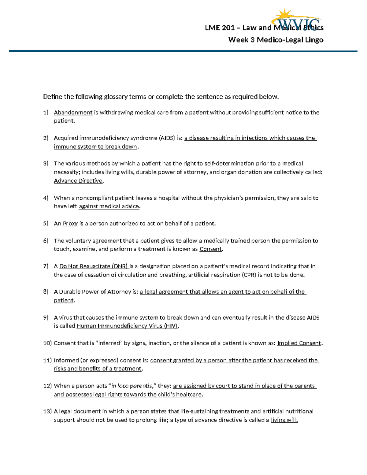 Week 3 Medico-Legal Lingo - LME 201 – Law and Medical Ethics Week 3 ...