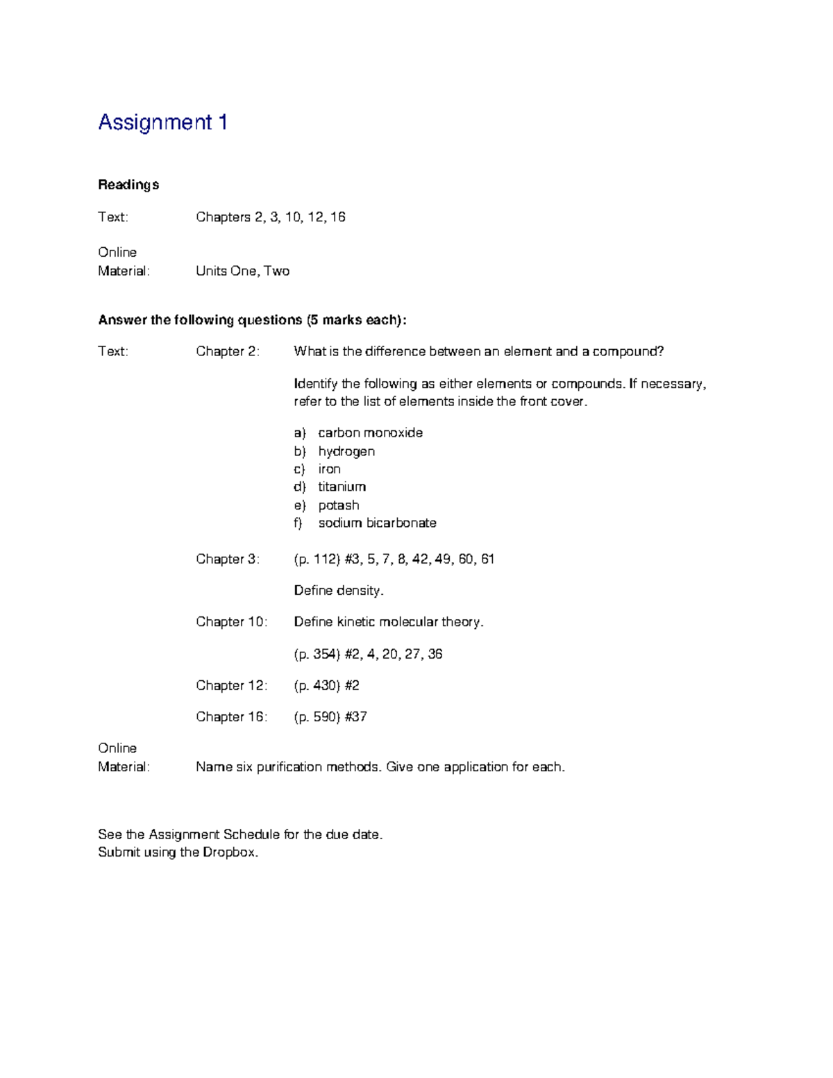 Assignment 1 for elementary Chemistry spring 2021 - Assignment 1 ...