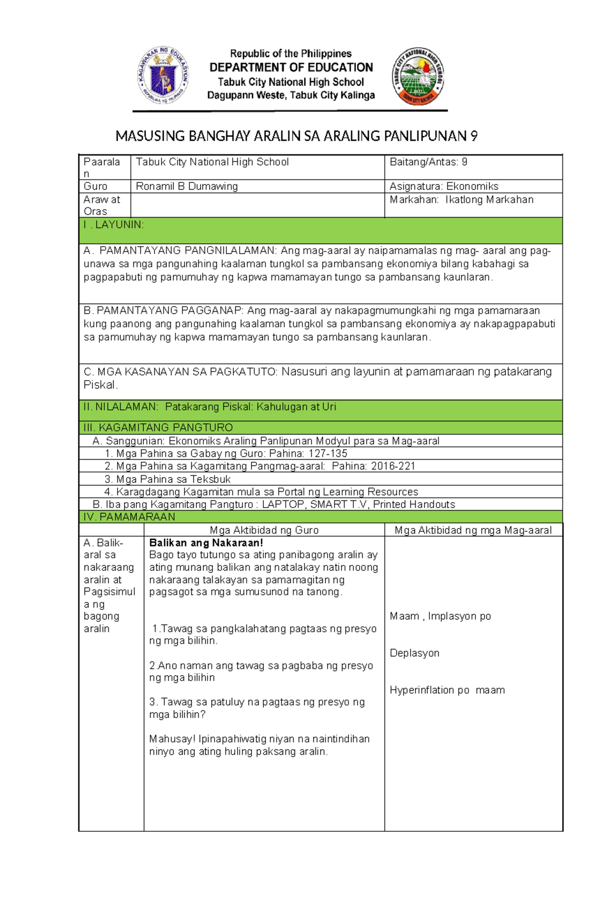 3.-DLP- Patakarang- Piskal-science - MASUSING BANGHAY ARALIN SA ARALING PANLIPUNAN 9 Paarala n ...