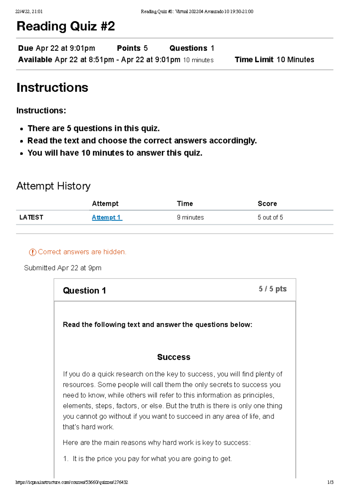 Reading Quiz #2 Virtual 202204 Avanzado 10 19 30-21 00 221130 2014 50 ...