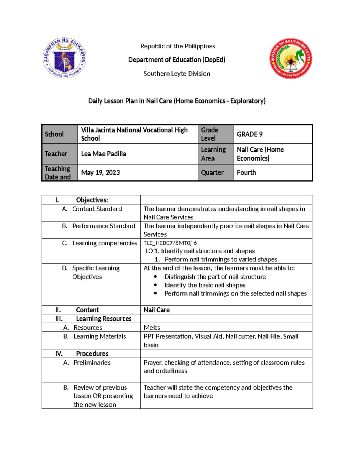 Share LP - TLE LEsson on Nail - Republic of the Philippines Department ...