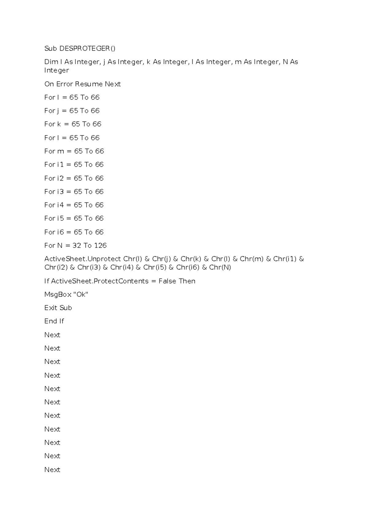 Desbloquear Excel - Sub DESPROTEGER() Dim I As Integer, j As Integer, k ...