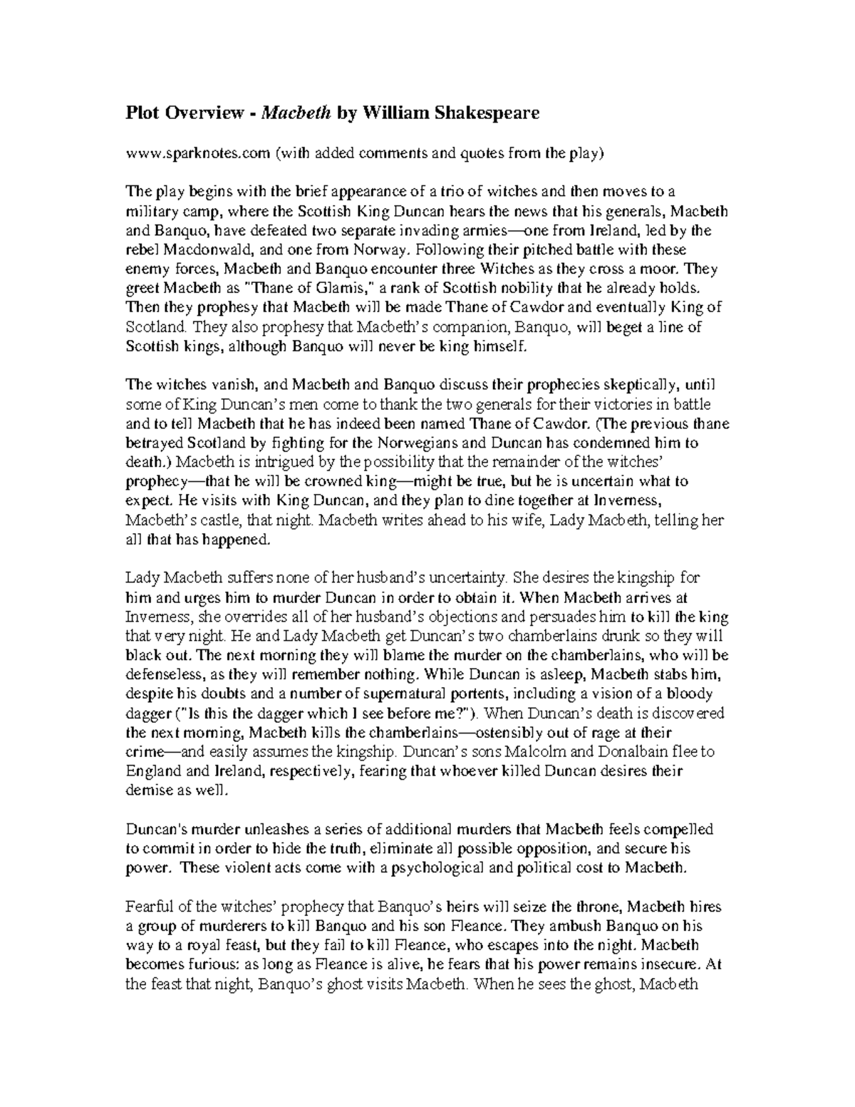 Macbeth Plot Overview sparks - Plot Overview - Macbeth by William ...