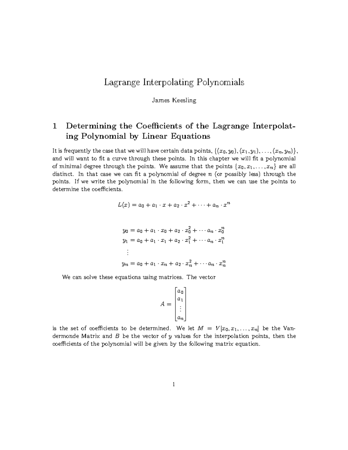Lagrange Polynomials - efkejfpajfpejp - Lagrange Interpolating Polynomials James Keesling 1 ...
